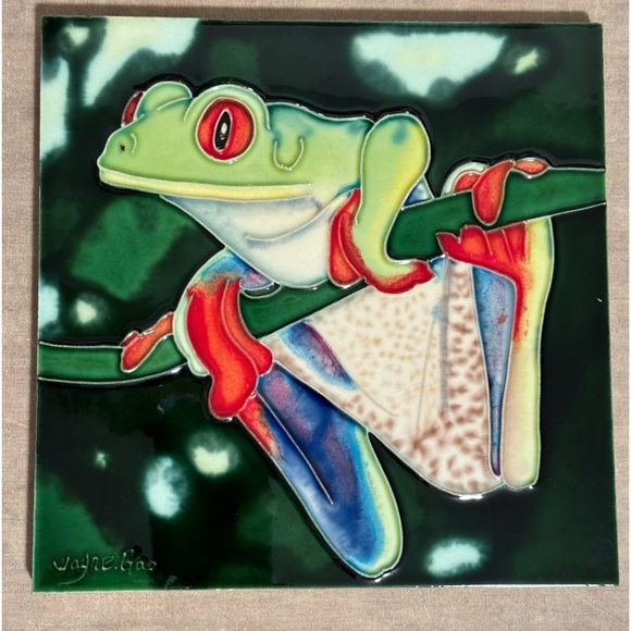 Accents | Wayne Gao Tropical Rainforest Tree Frog Textured Tile Wall Hanging Trivet Signed ...